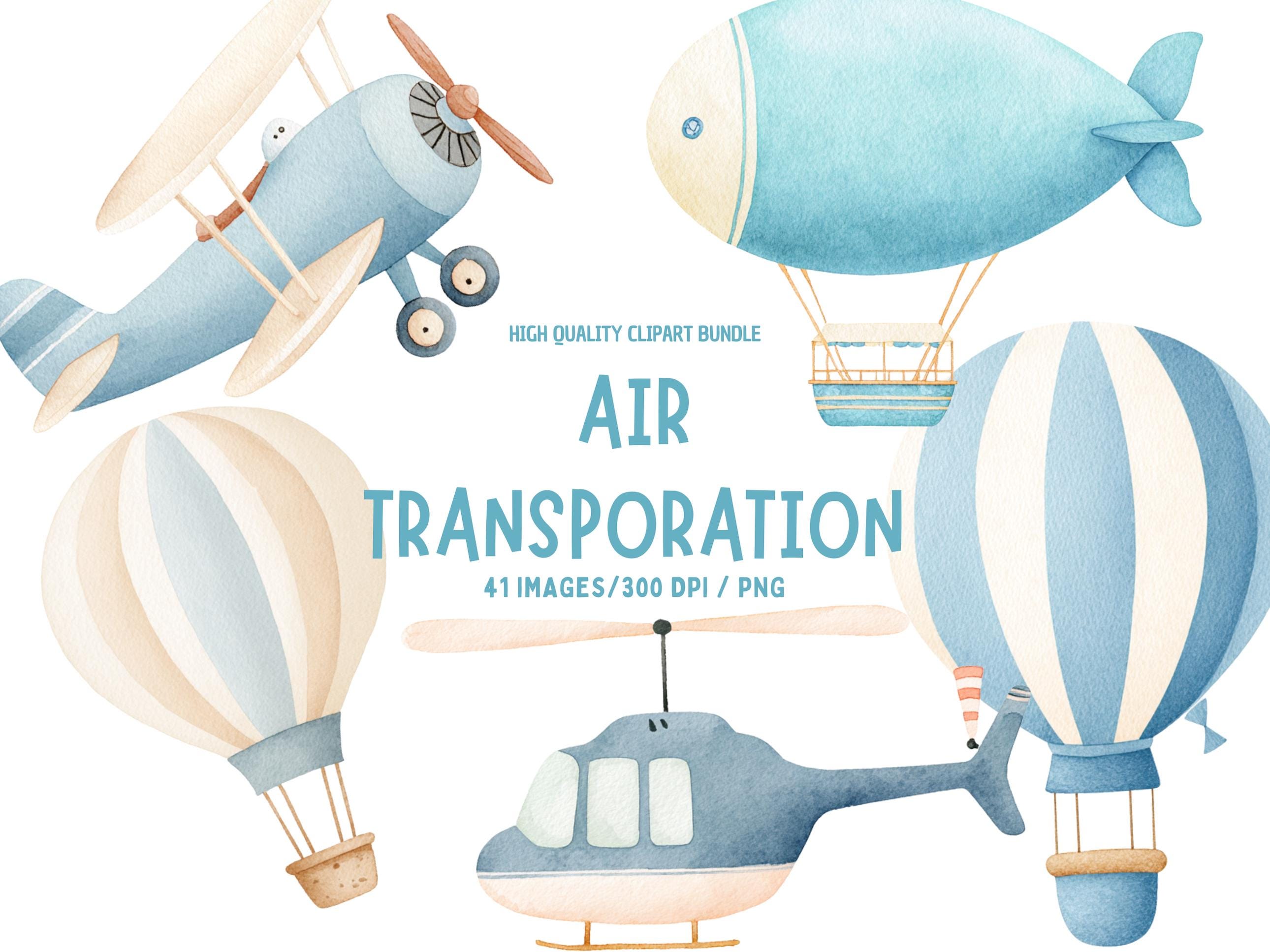 Air Transportation Clipart PNG Bundle | Watercolor Hot Air Balloon and ...