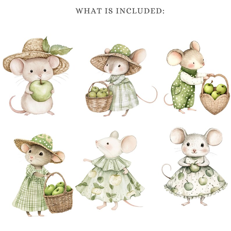 Apple Mouse Watercolor Clipart Set Cute Green Mouse PNG Bundle With ...
