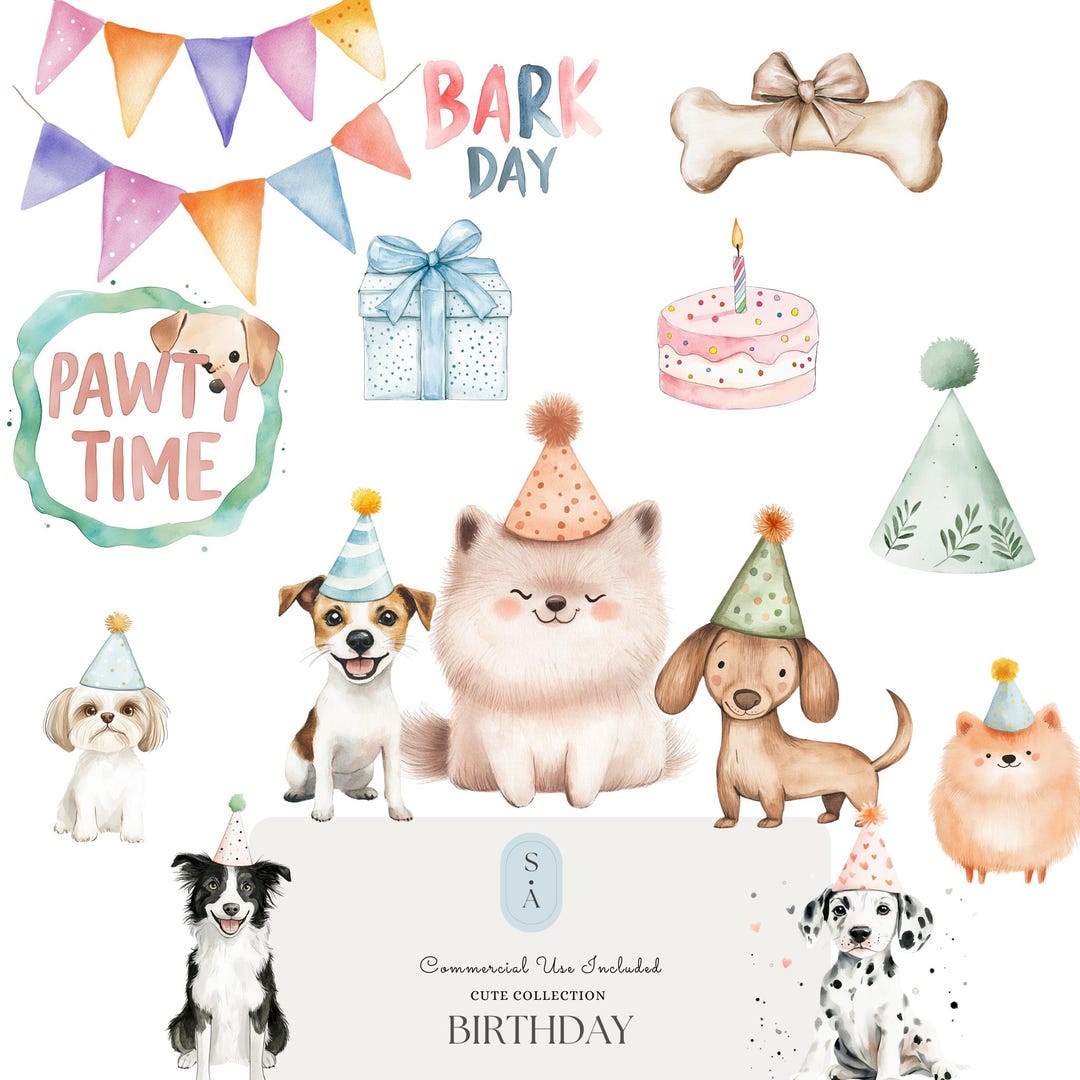 Watercolor Dog Birthday Clipart Bundle, Cute Puppy Party Illustrations ...