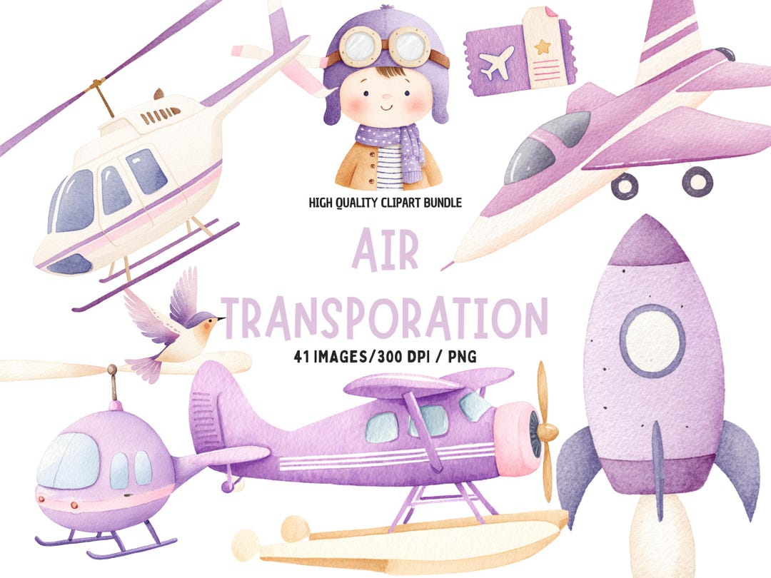 Air Transportation Clipart Bundle PNG | Watercolor Aircraft Graphics ...