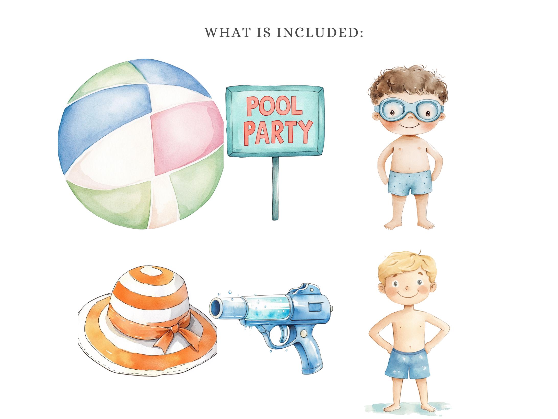 Pool Party Watercolor Clip Art Collection – Kids, Pool, Slide, Grill ...