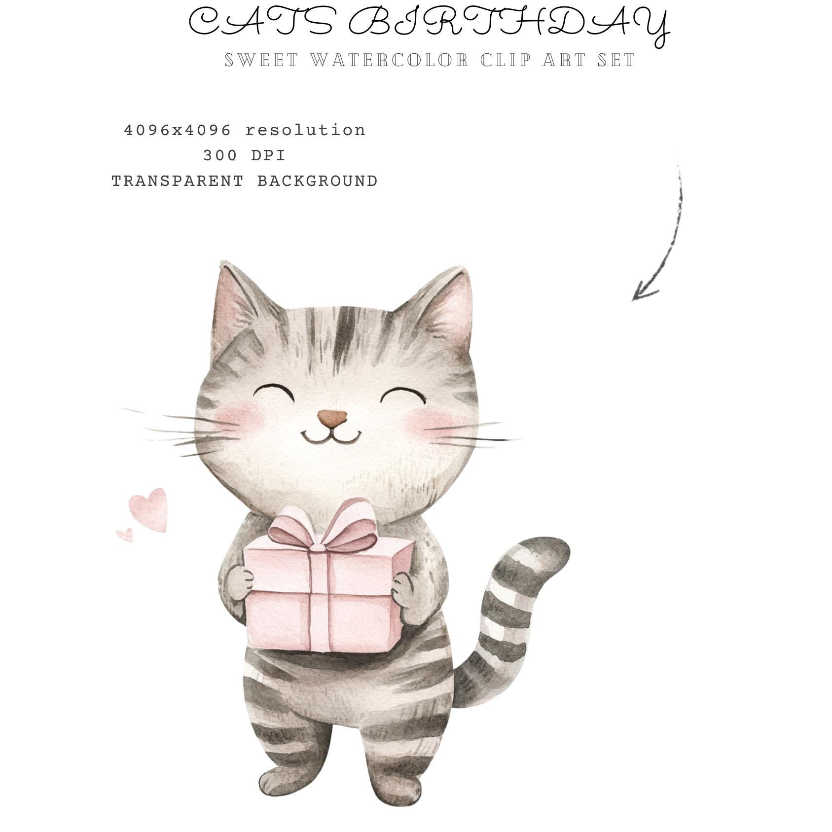Cats Birthday Watercolor Clipart - Cute Kitten Party Decor, Cat Lover ...