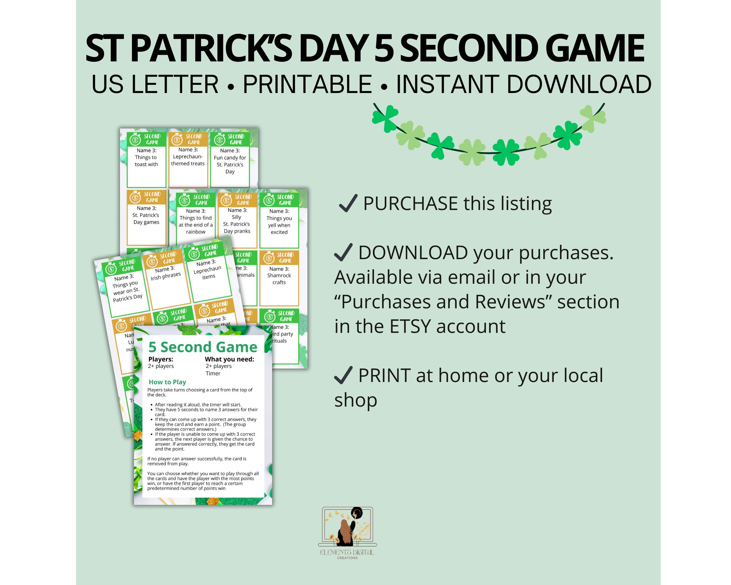 5 Second St. Patricks Day Game, Printable Party Game for Friends ...
