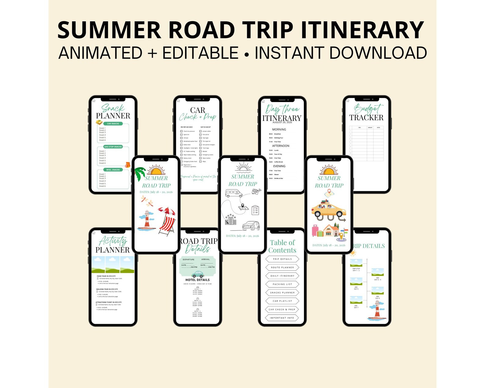 Animated Summer Road Trip Itinerary Template: Editable Canva Trip ...