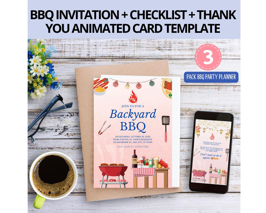 BBQ Invitation Template + Thank You Animated Card + BBQ Party Checklist ...