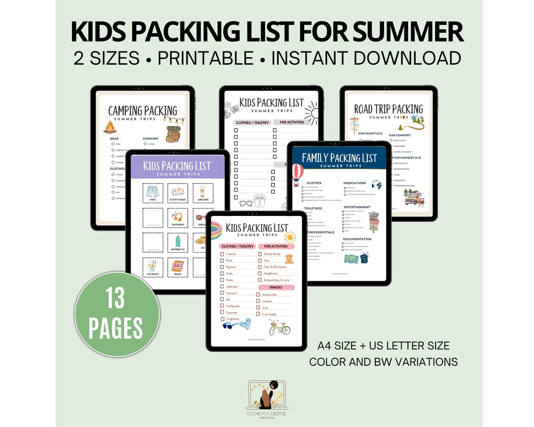 Printable Summer Packing List for Kids and Family, Kids Packing List ...