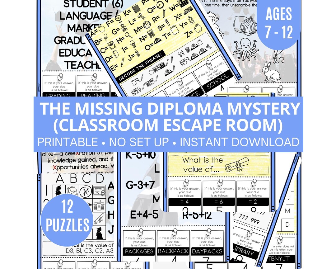 Graduation Escape Room for Kids, 12 Puzzle Printable School Games ...