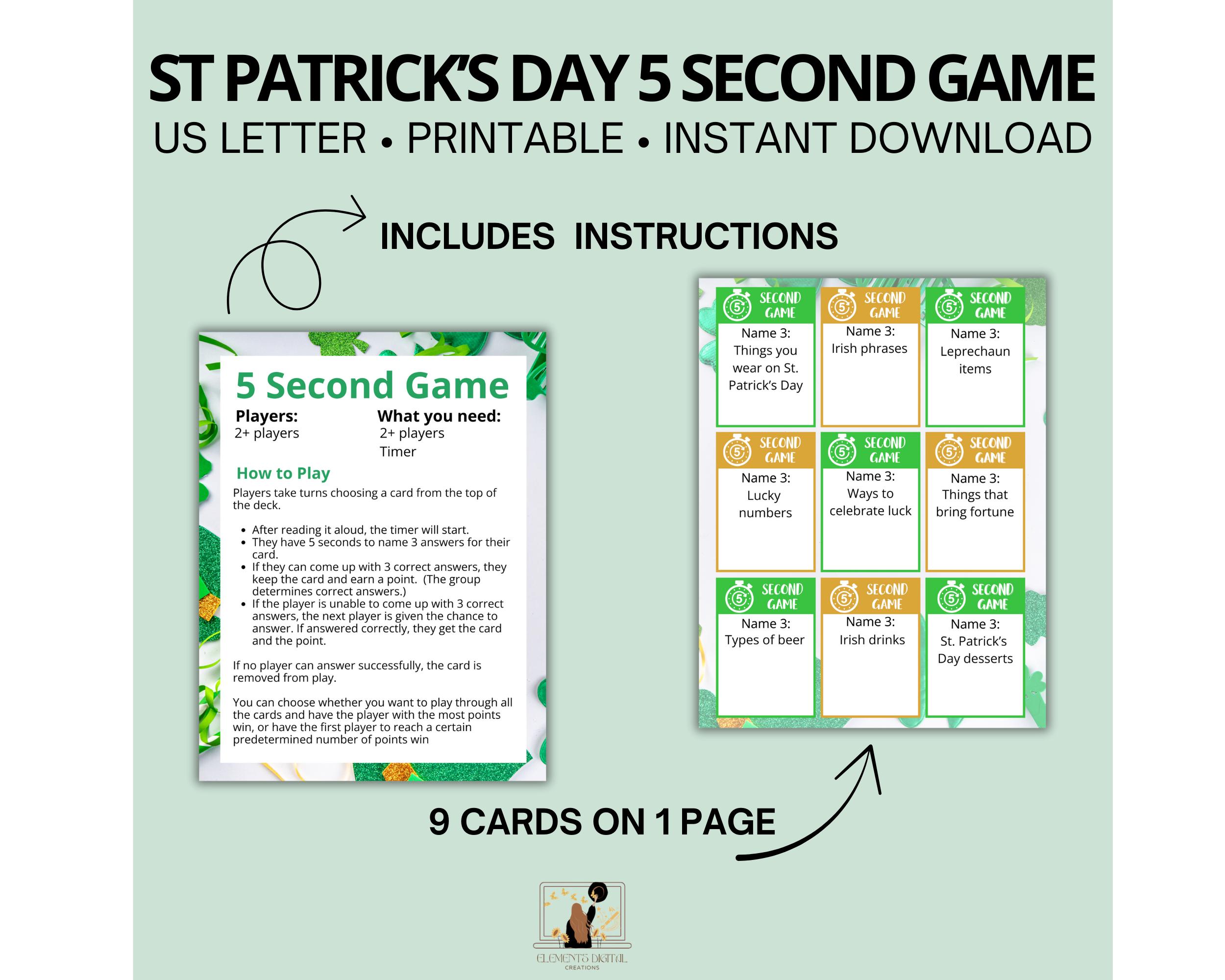 5 Second St. Patricks Day Game, Printable Party Game for Friends ...