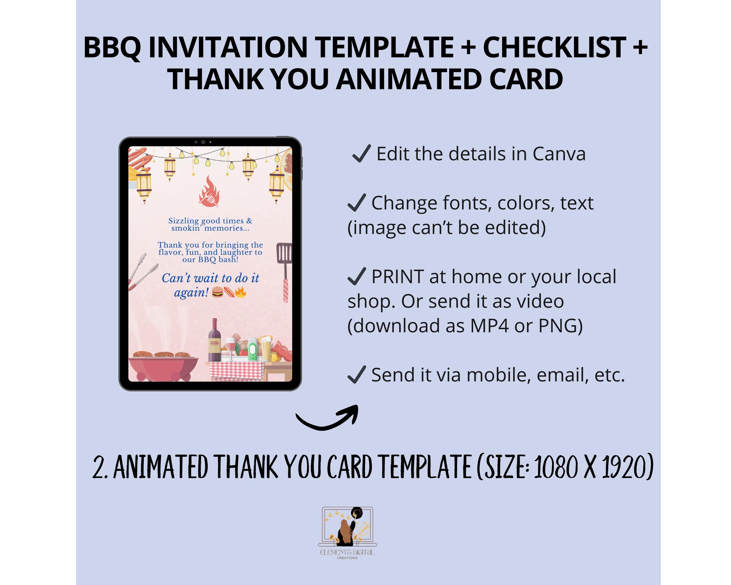 BBQ Invitation Template + Thank You Animated Card + BBQ Party Checklist ...