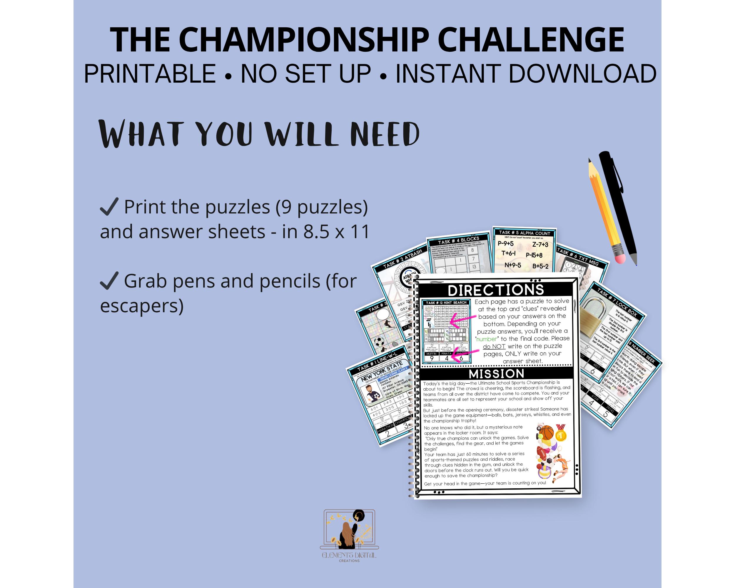 Sports-themed Escape Room: Championship Challenge, Printable Kids ...