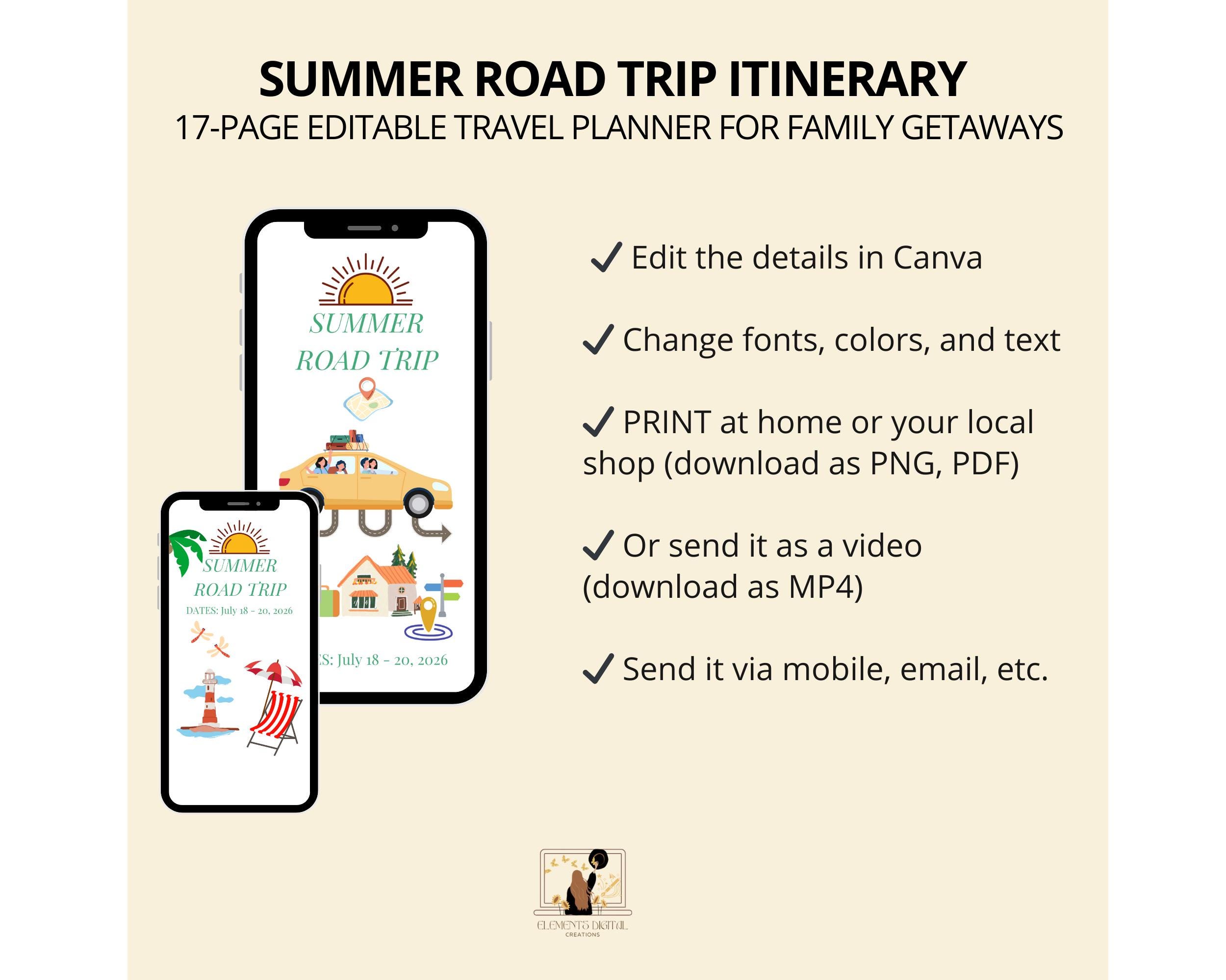 Animated Summer Road Trip Itinerary Template: Editable Canva Trip ...