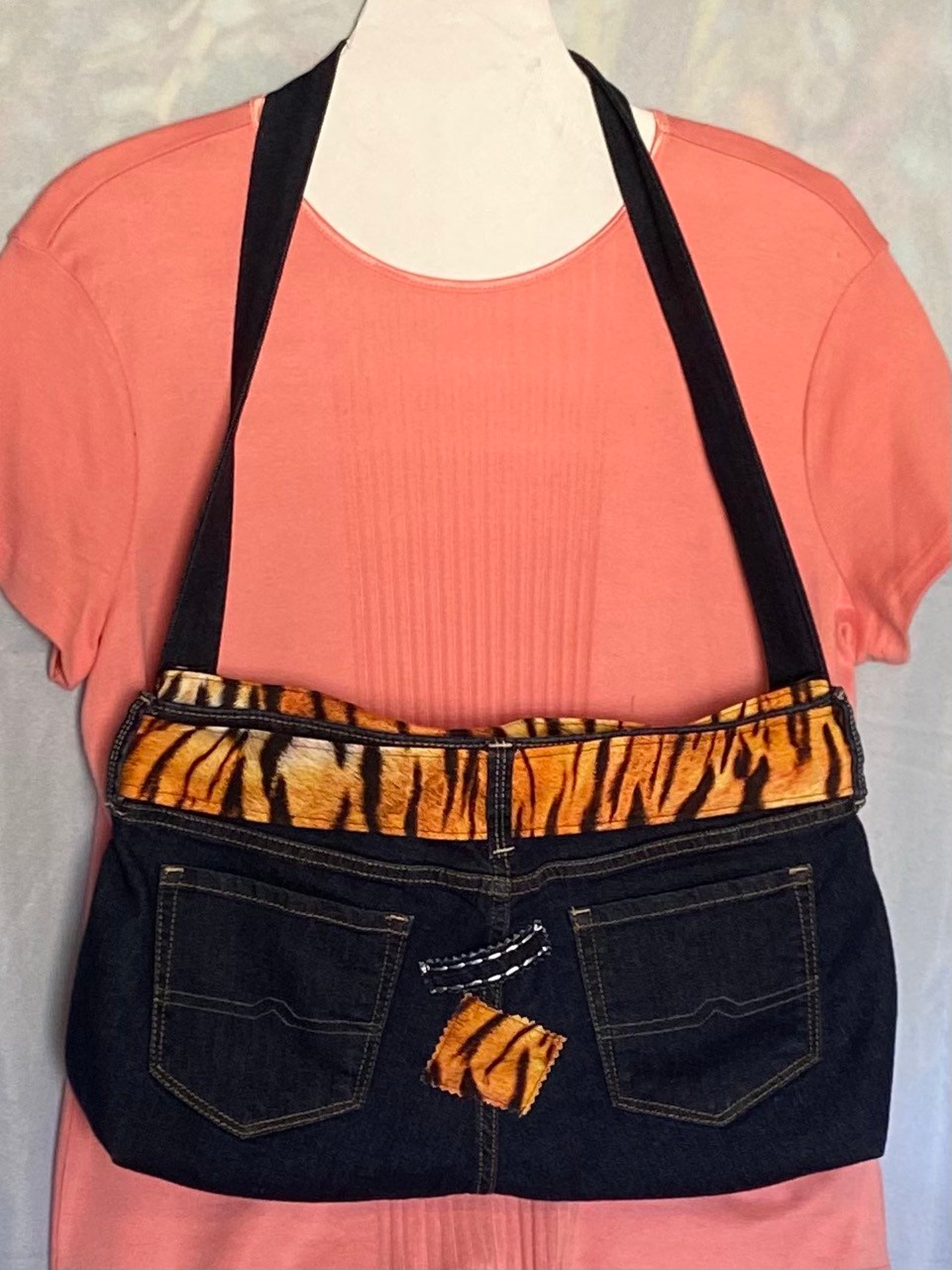 Recycled Blue Jean Purse With Tiger Print/large Purse/dark - Etsy