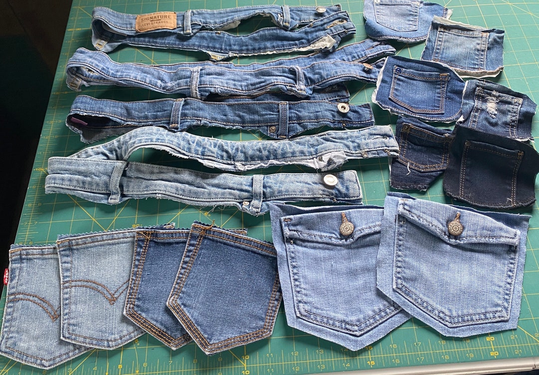 Assorted Bundle Denim Scraps/jean Waistbands/denim Pockets/bag of Denim ...