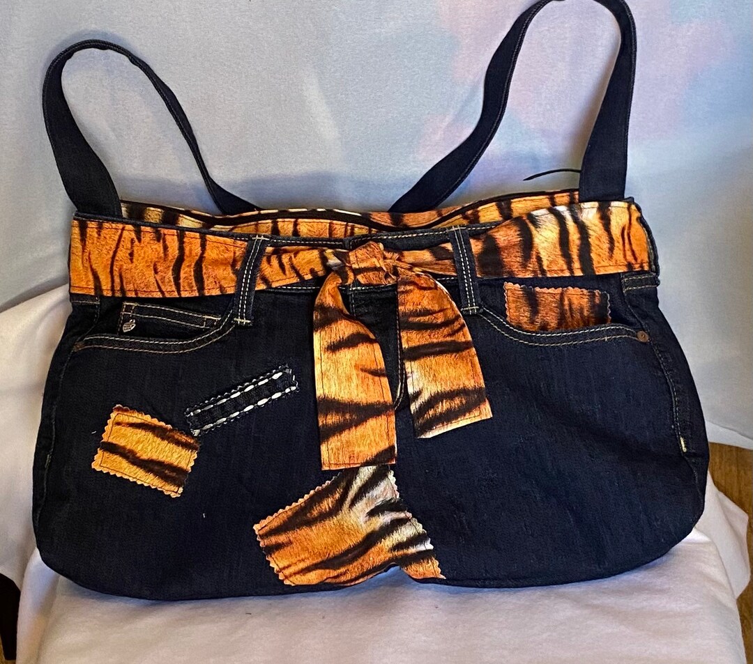 Recycled Blue Jean Purse With Tiger Print/large Purse/dark Blue Jean ...