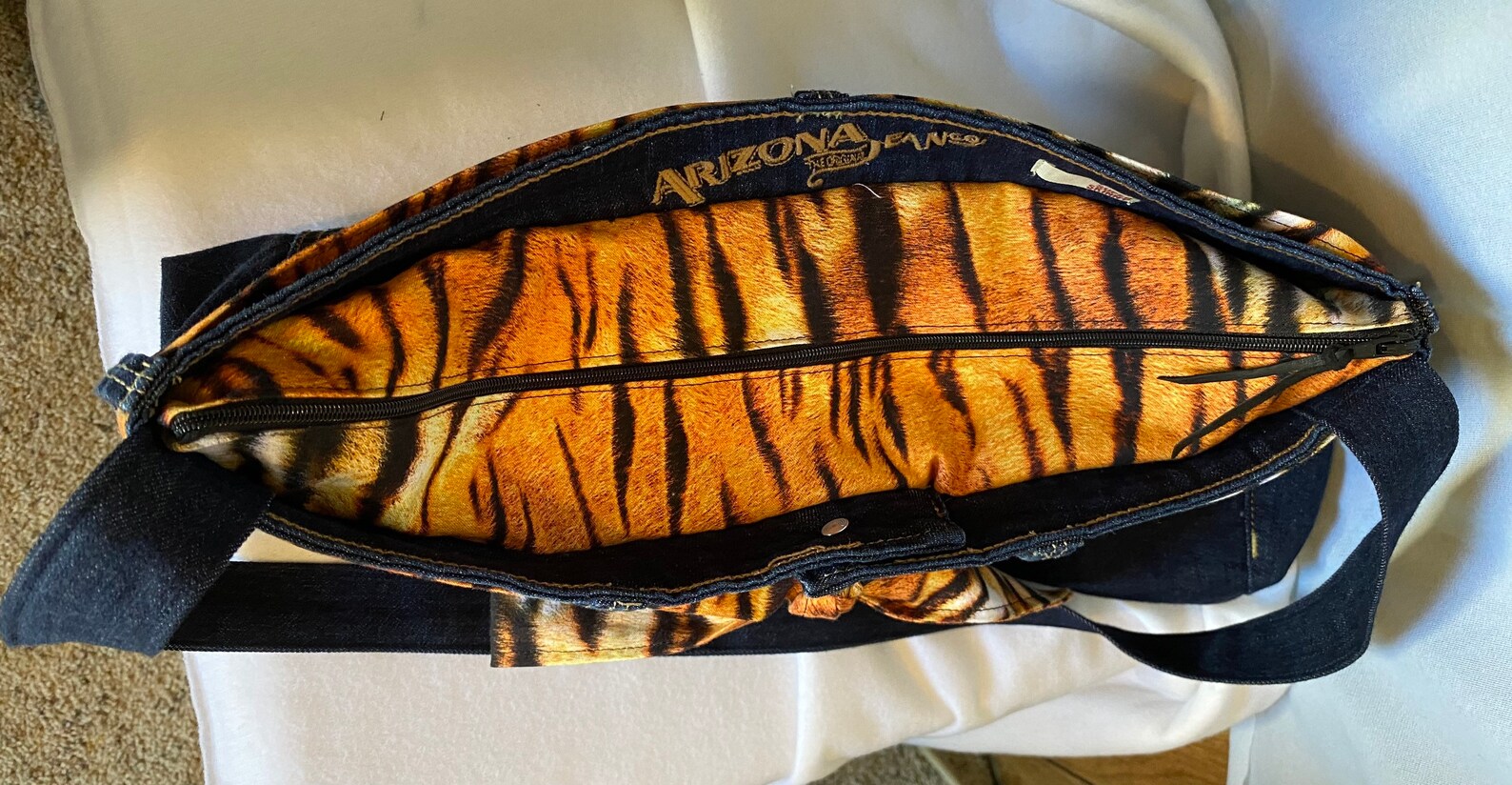 Recycled Blue Jean Purse With Tiger Print/large Purse/dark - Etsy