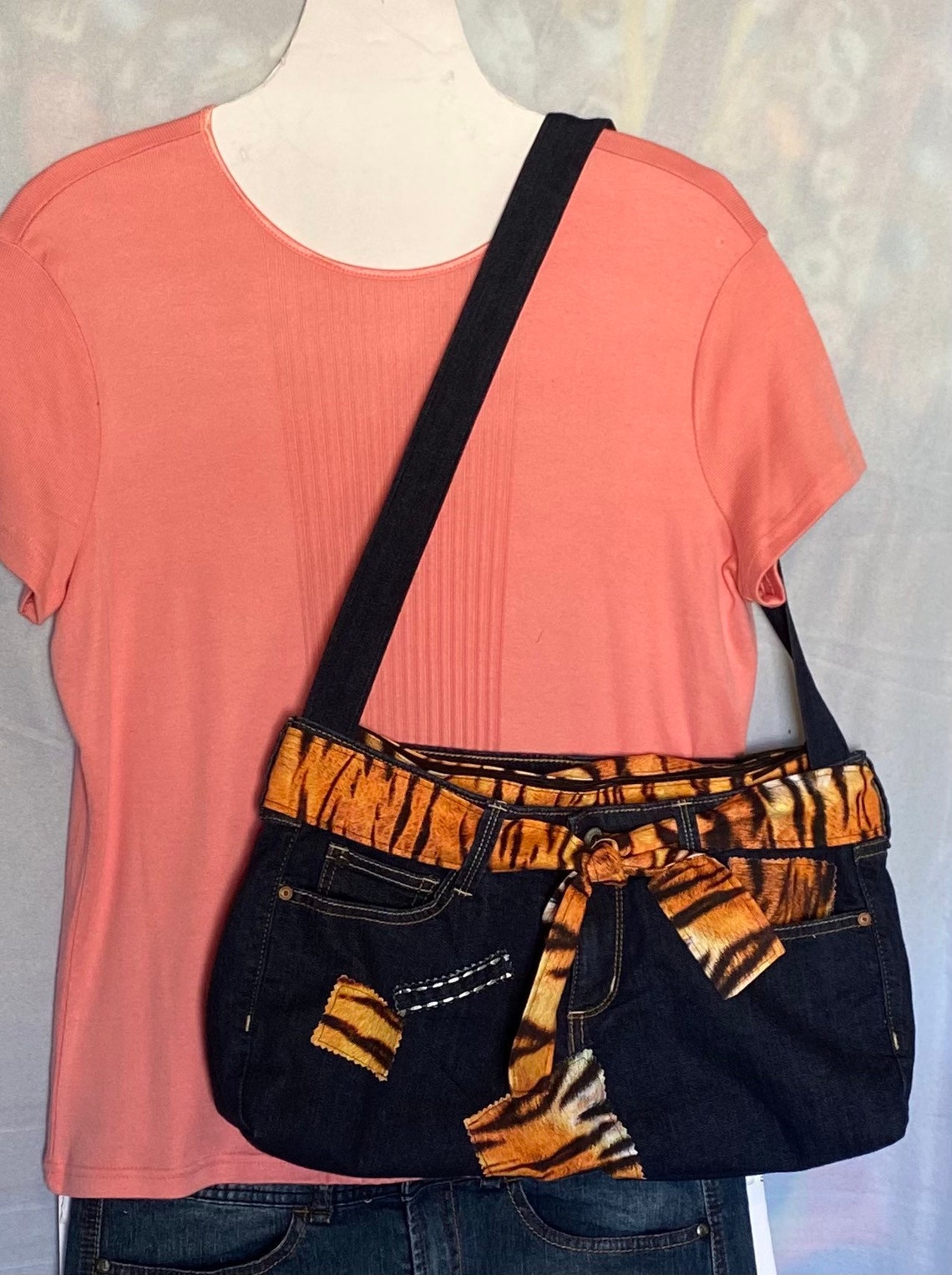 Recycled Blue Jean Purse With Tiger Print/large Purse/dark - Etsy