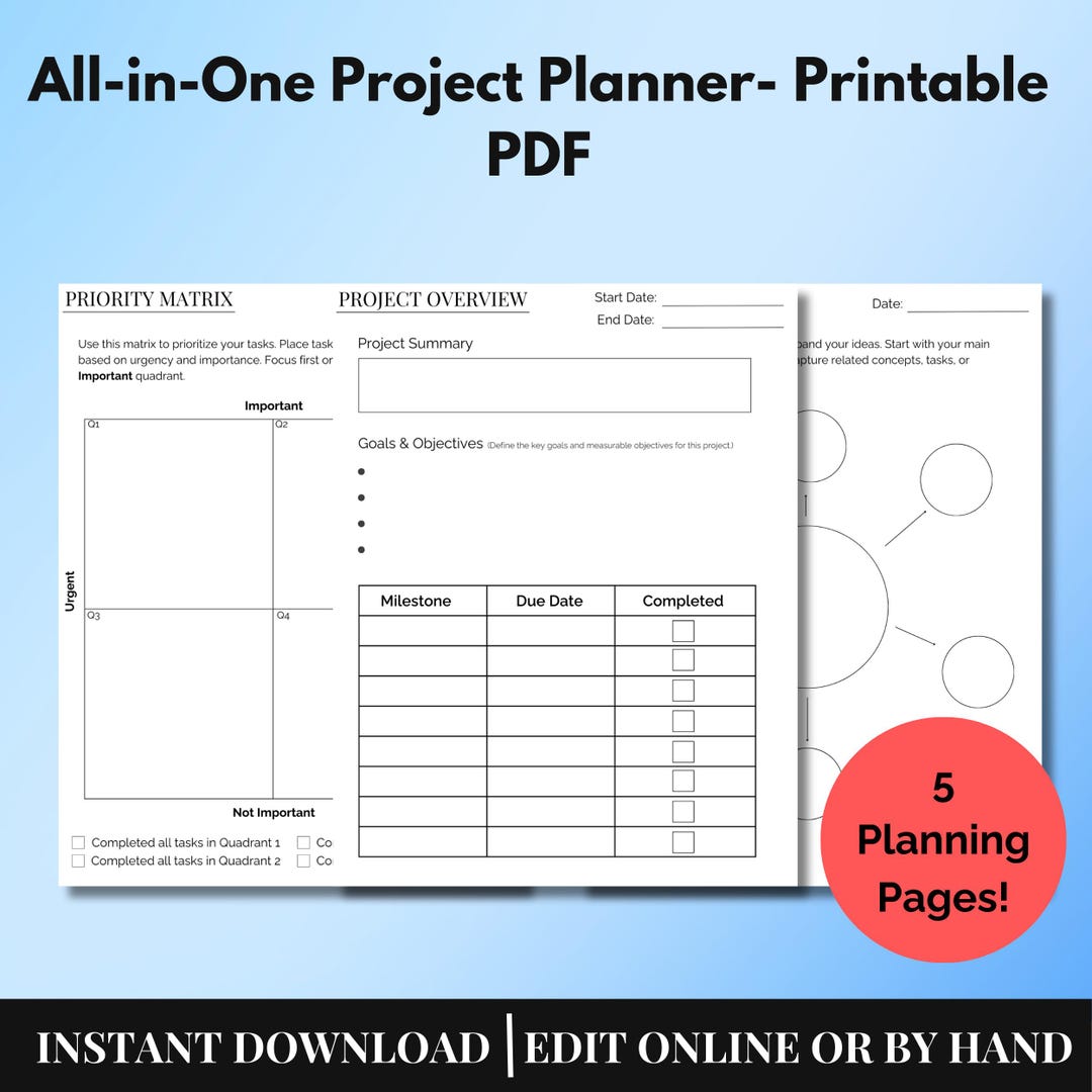 All-in-one Project Planner Printable PDF-5 Pages With Overview, Task ...