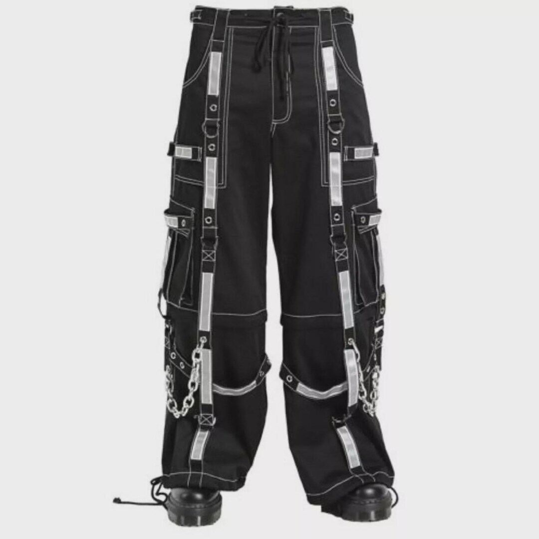 Black Gothic Techwear Cargo Pants With Chains & Straps |white Strap ...