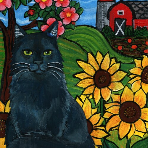 Cat FOLK ART PRINT Cats in the Garden Primitive Painting - Etsy
