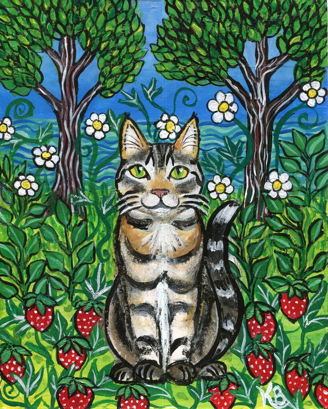 Folk Art Painting of a Gray Tabby Cat in a Field of Strawberries, 8x10 ...