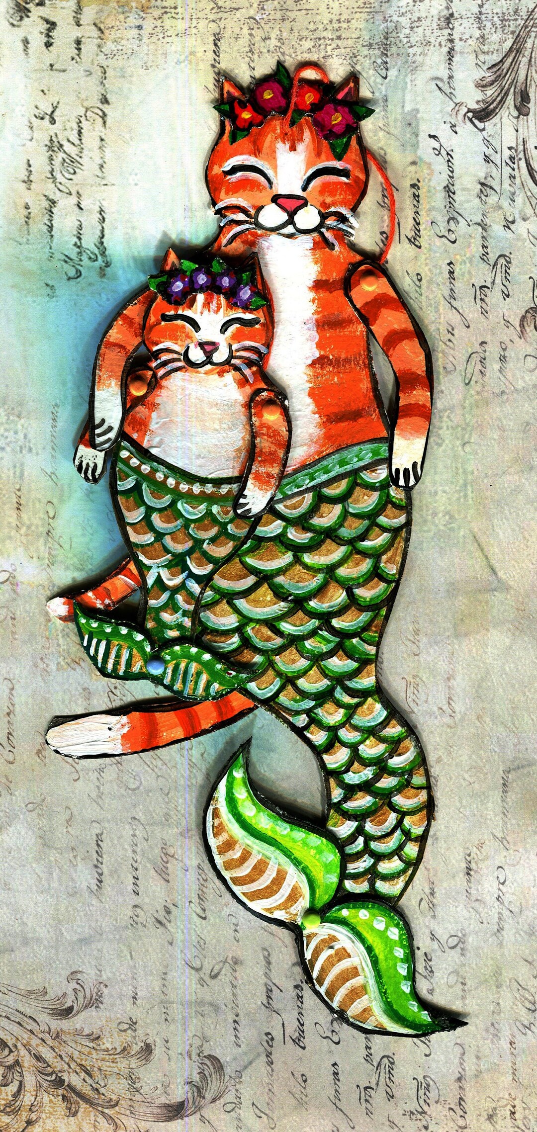 Mermaid Cat Articulated Paper Doll and Baby Kitten, Artdoll Set, Mercat ...