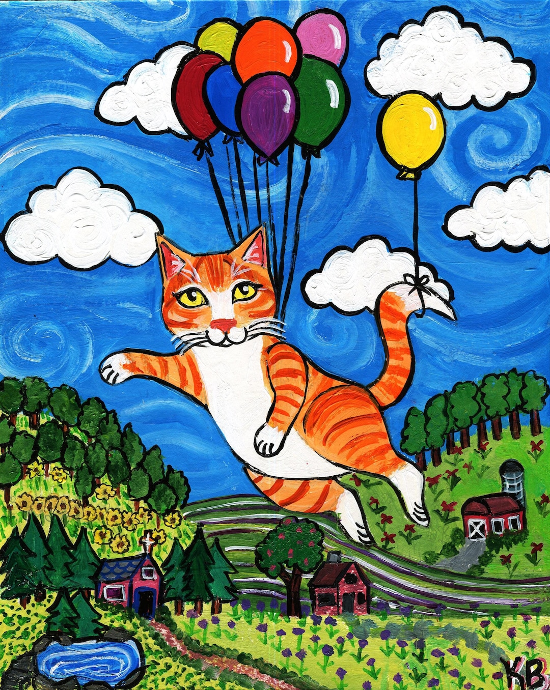 Folk Art Painting of an Orange Tabby Cat Floating With Balloons, 8x10 ...