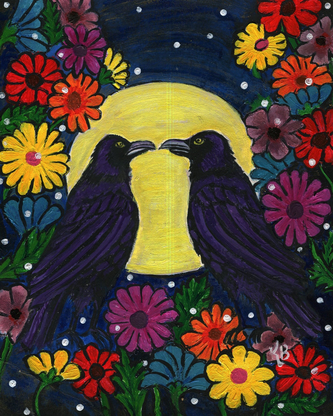Original Folk Art Painting of Two Crows , Acrylic on Paper, Wall Décor ...