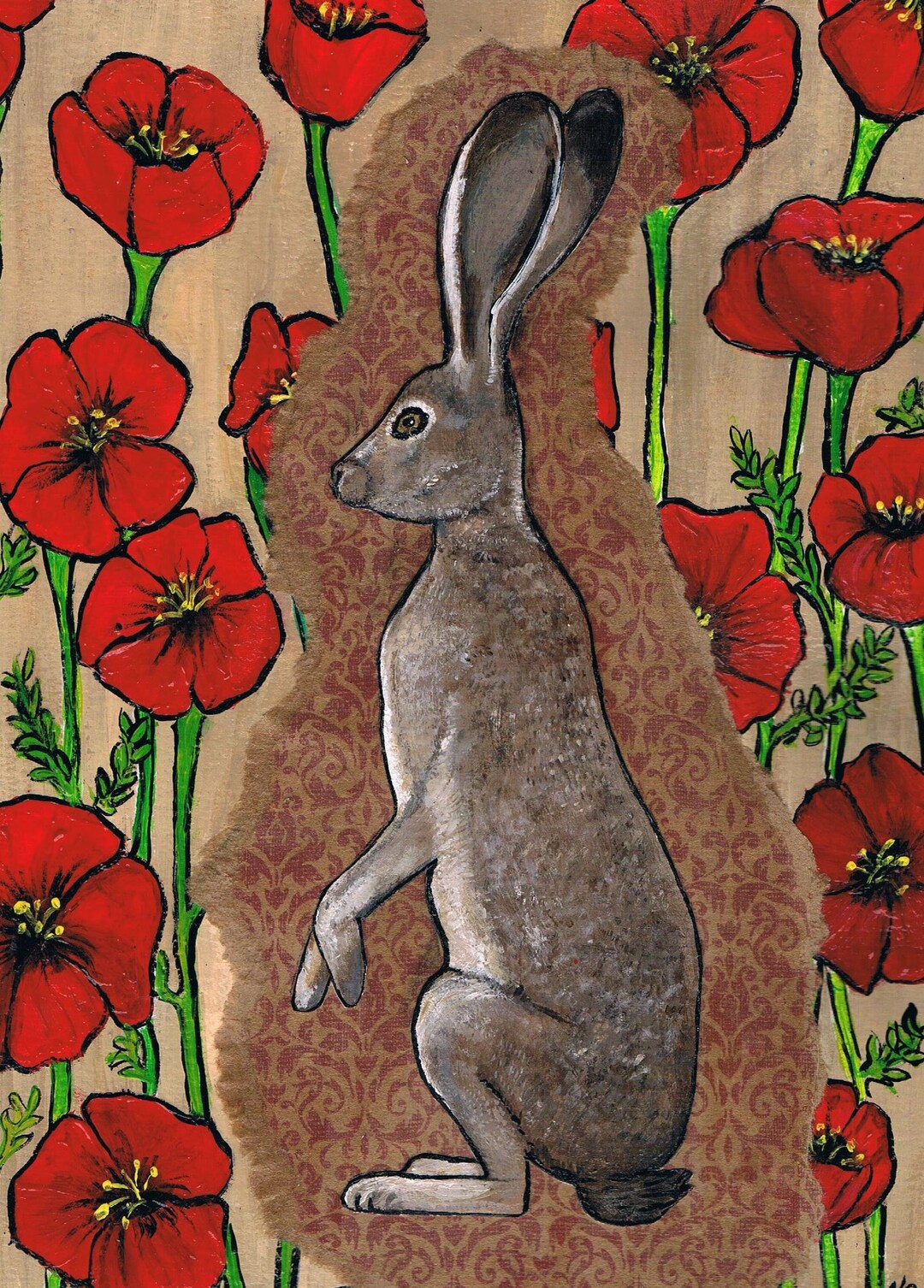 Rabbit in Poppies Original Acrylic Painting Mixed Media Art - Etsy