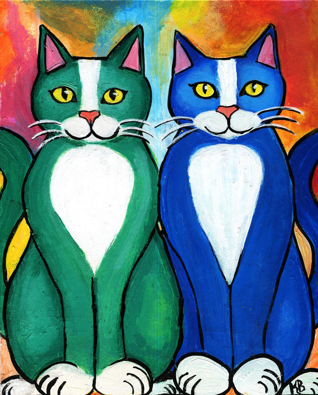 Folk Art Painting of Two Colorful Cats, 8x10 Original Acrylic - Etsy