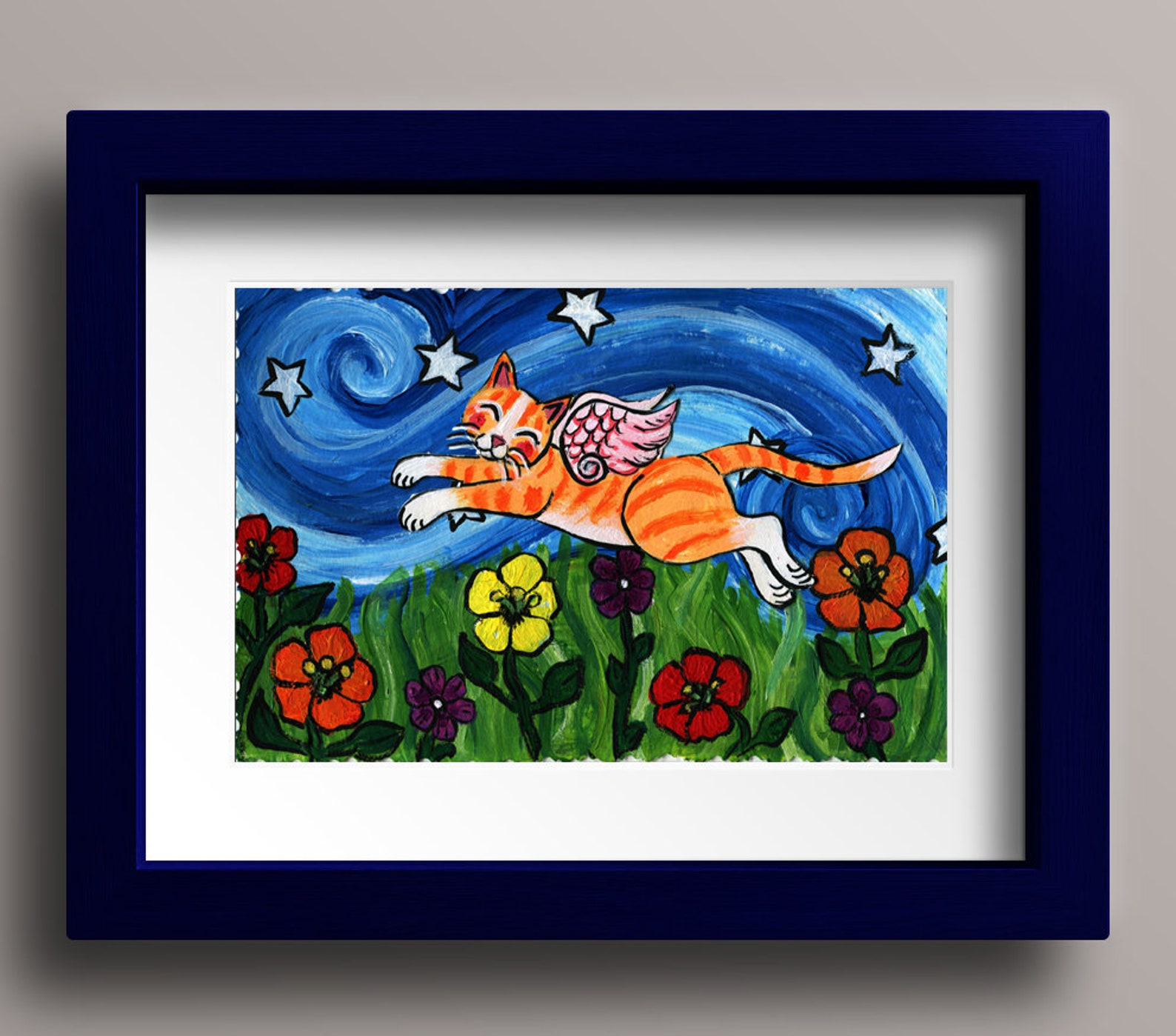 Folk Art Painting of a Flying Kitty Angel Rainbow Bridge Art - Etsy