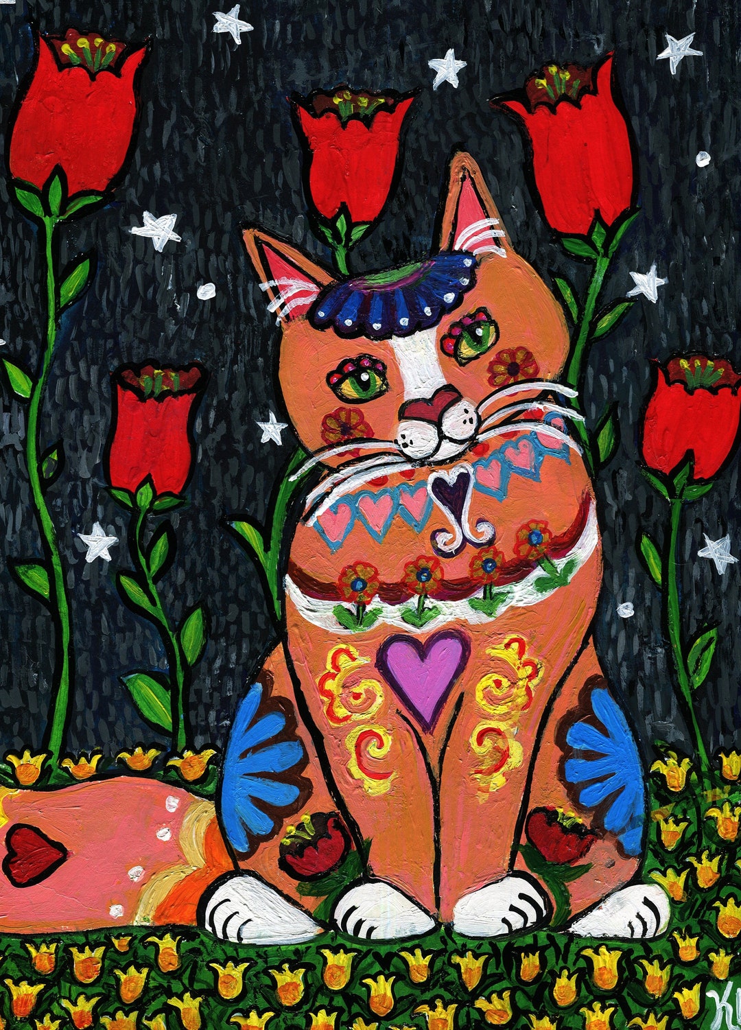 Folk Art Cat Painting, Original Art Acrylic Painting , Talavera Style ...