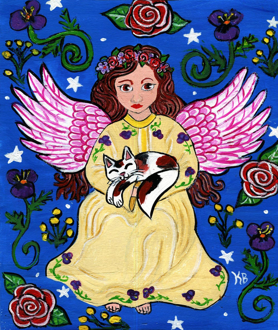Folk Art Painting of an Angel Holding a Calico Cat, 8x10 Original ...