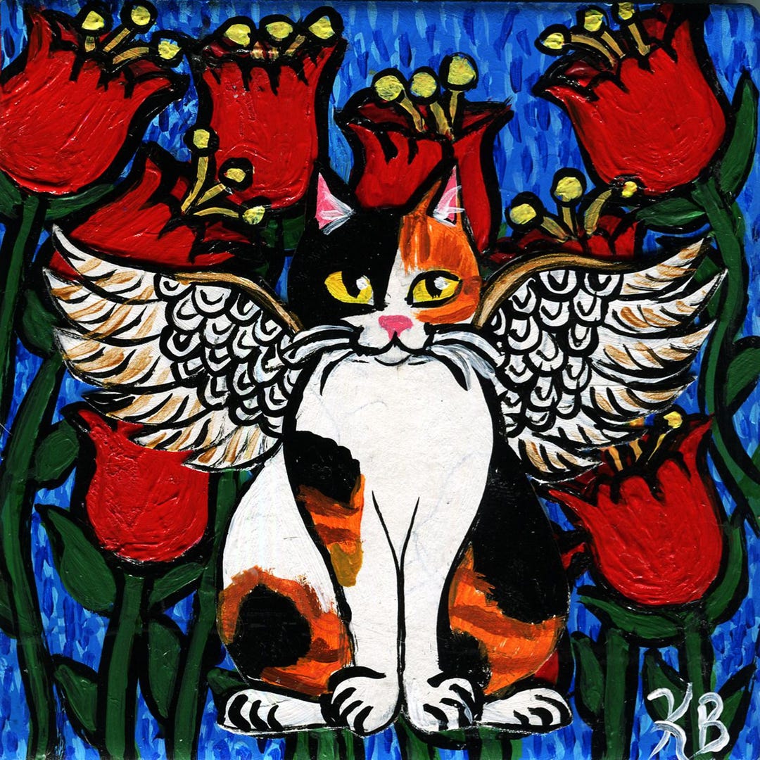 Folk Art Ceramic Painted Cat Tile, Kimbascritters, Calico Angel Cat - Etsy