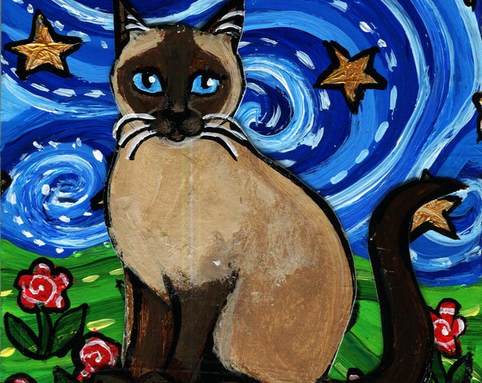 Folk Art Ceramic Painted Cat Tile, Kimbascritters, Siamese Cat Starry ...