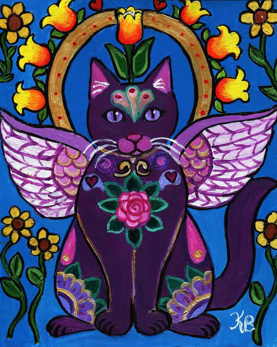 Original Mexican Folk Art Painting of Purple Talavera Angel Cat ...