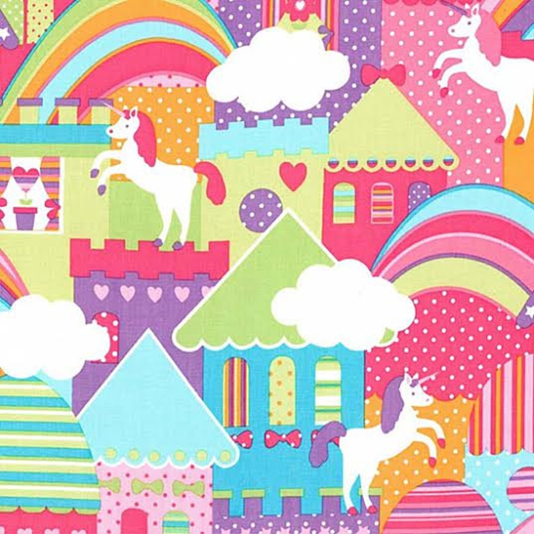 OOP HTF 28 Inches Unicorns and Princesses Fabric Unicorn Town Bright ...