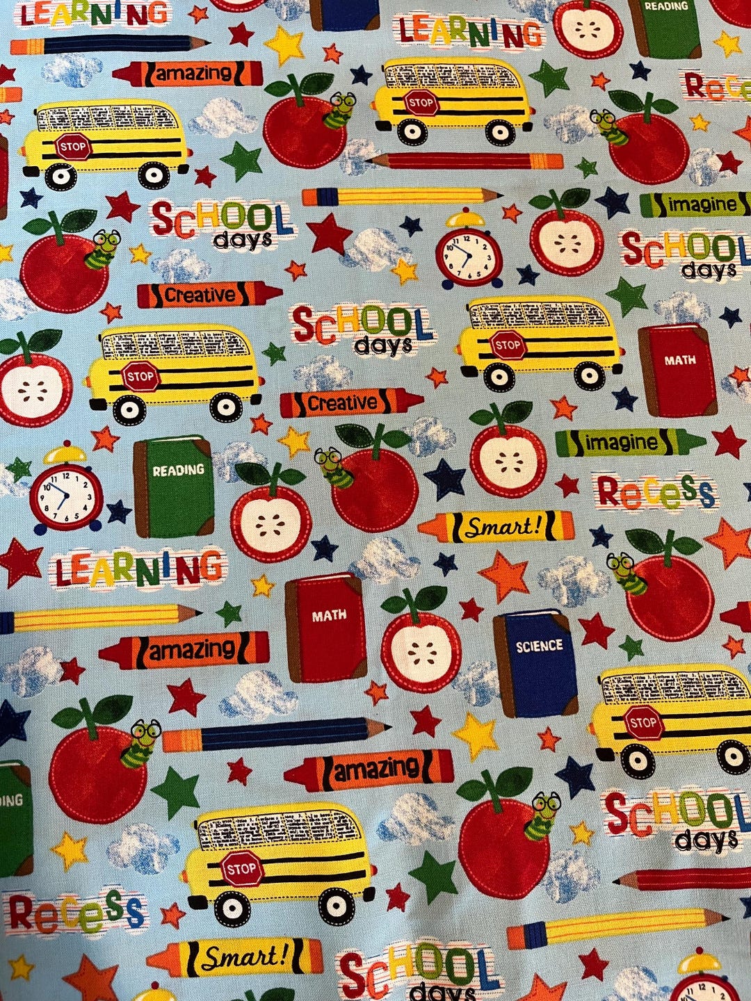 AEK Schoolhouse School Days Words Cotton Fabric Bus Apple Books 1.5 ...