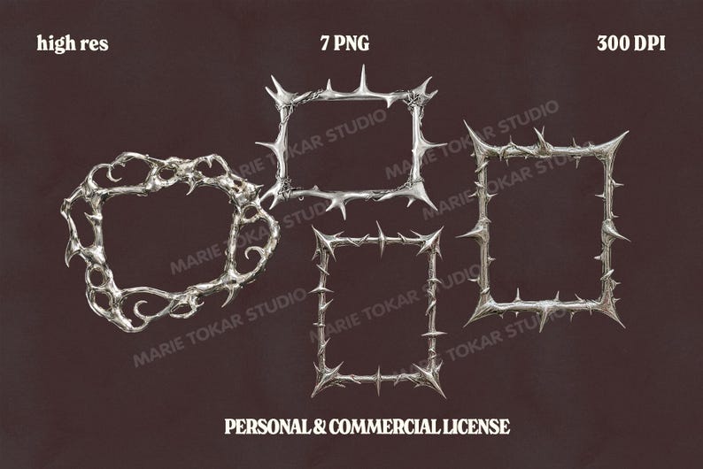 Gothic Metal Frames PNG Clipart Set, Spiked Silver Ornate Borders, Dark ...