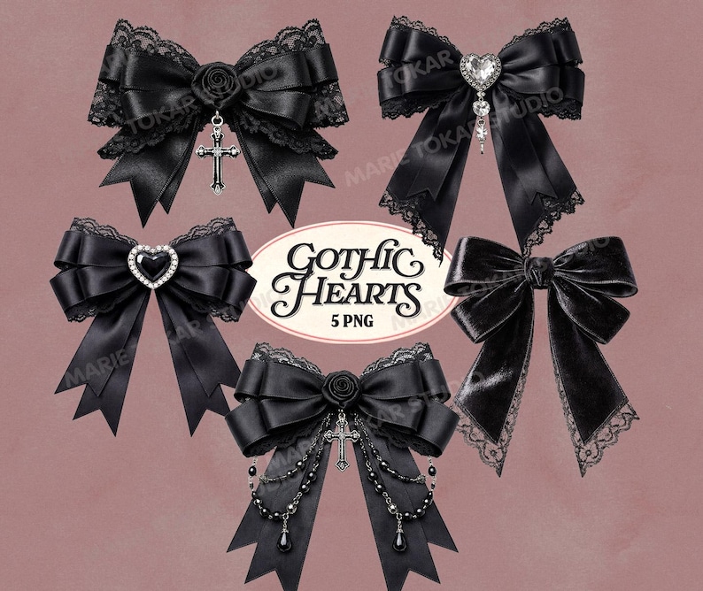 Gothic Black Bow PNG Clipart, Lace Ribbon Bows With Cross and Heart ...