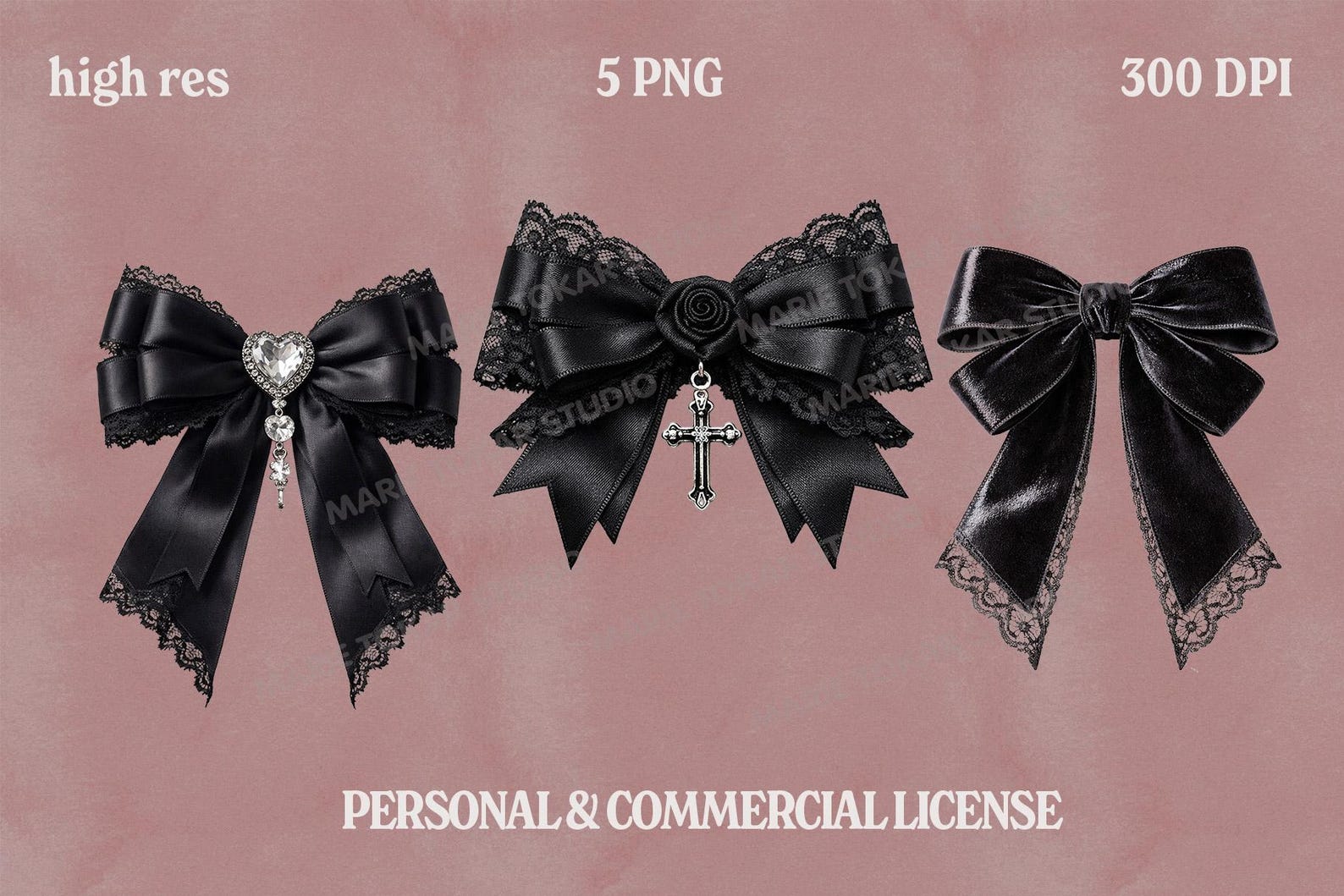 Gothic Black Bow PNG Clipart, Lace Ribbon Bows With Cross and Heart ...