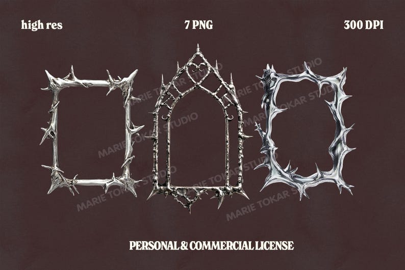 Gothic Metal Frames PNG Clipart Set, Spiked Silver Ornate Borders, Dark ...