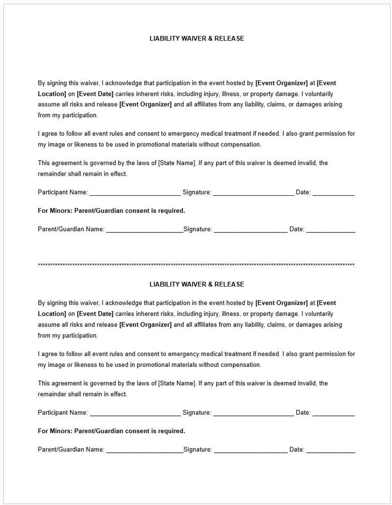 Event Liability Waiver and Release Agreement 2 IN 1 - Etsy