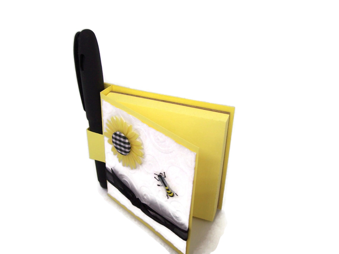 Yellow White and Black Sunflower and Bee Sticky Note Holder With Gel ...