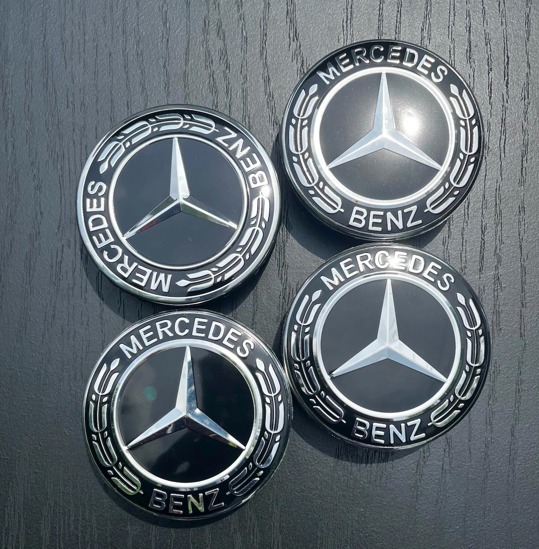 Set of 4 Mercedes Wheel Center Caps 75mm Gloss Black Wreath Logo Emblem ...
