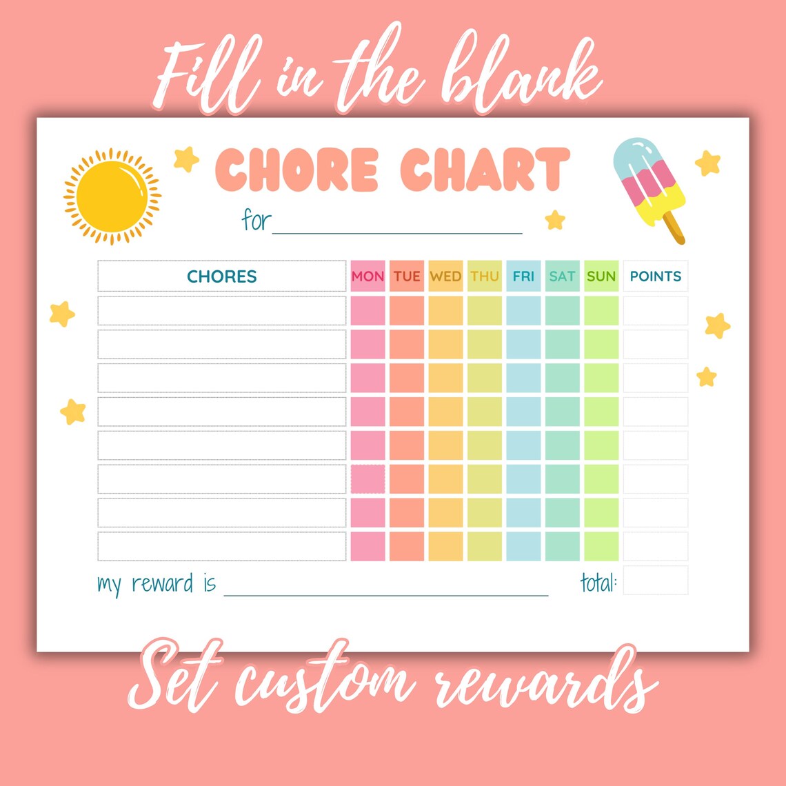 Kids Chore Chart Printable | Fill-in-the-blank Weekly Reward Chart ...