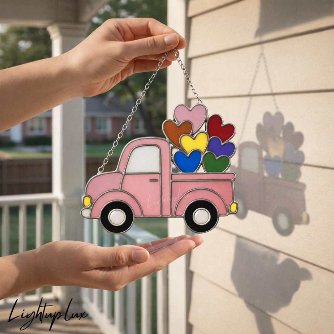 Pink Truck With Colorful Heart Balloons Stained Glass, Handcrafted Love ...