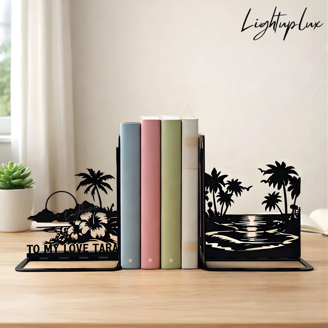 Custom Tropical Beach Metal Bookends, Palm Tree Book Holder for Reading ...