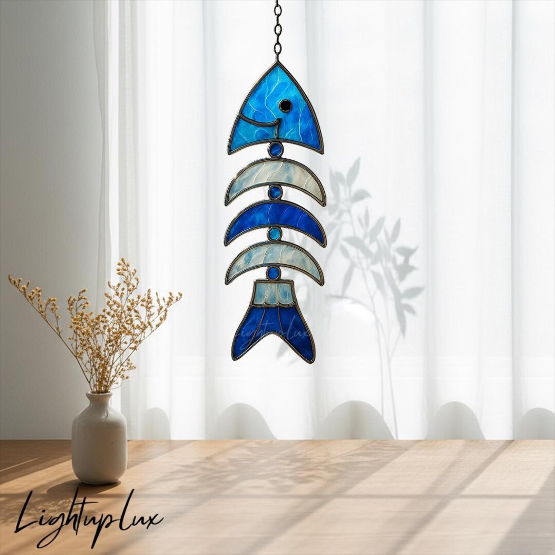 Fish Bone Stained Glass Window Hanging, Ocean Inspired Glass Art ...