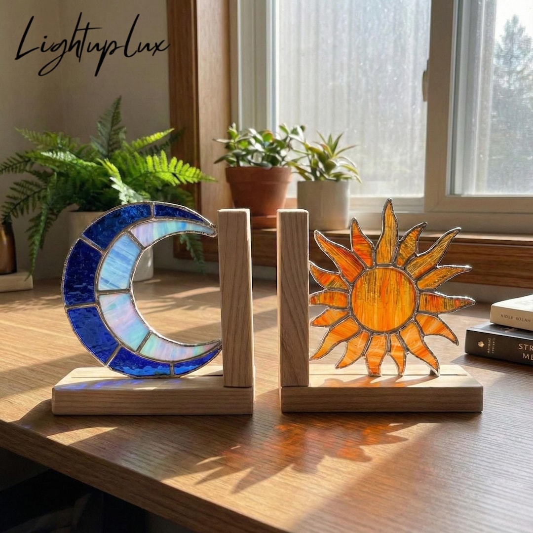 Sun and Moon Stained Glass Bookend for Shelf Decor, Handmade Wooden ...
