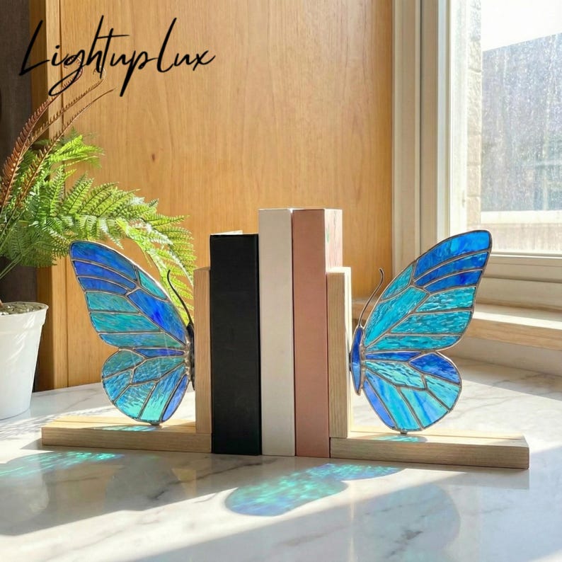 Butterfly Bookend Set, Handmade Wooden Book Stand for Rustic Bookshelf ...